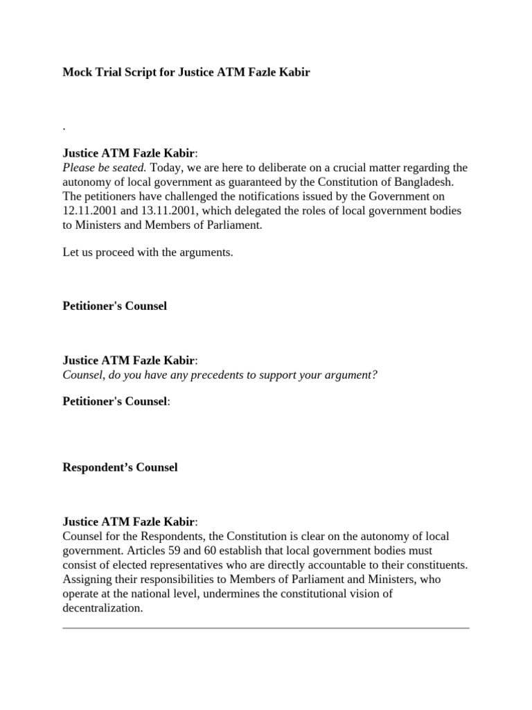 Mock Trial Script For Justice ATM Fazle Kabir | PDF