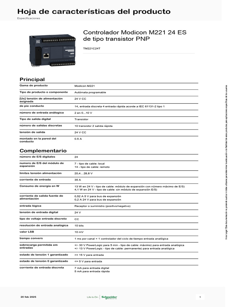 Schneider Electric - Modicon-M221 - TM221C24T | PDF | Corriente continua | Transistor