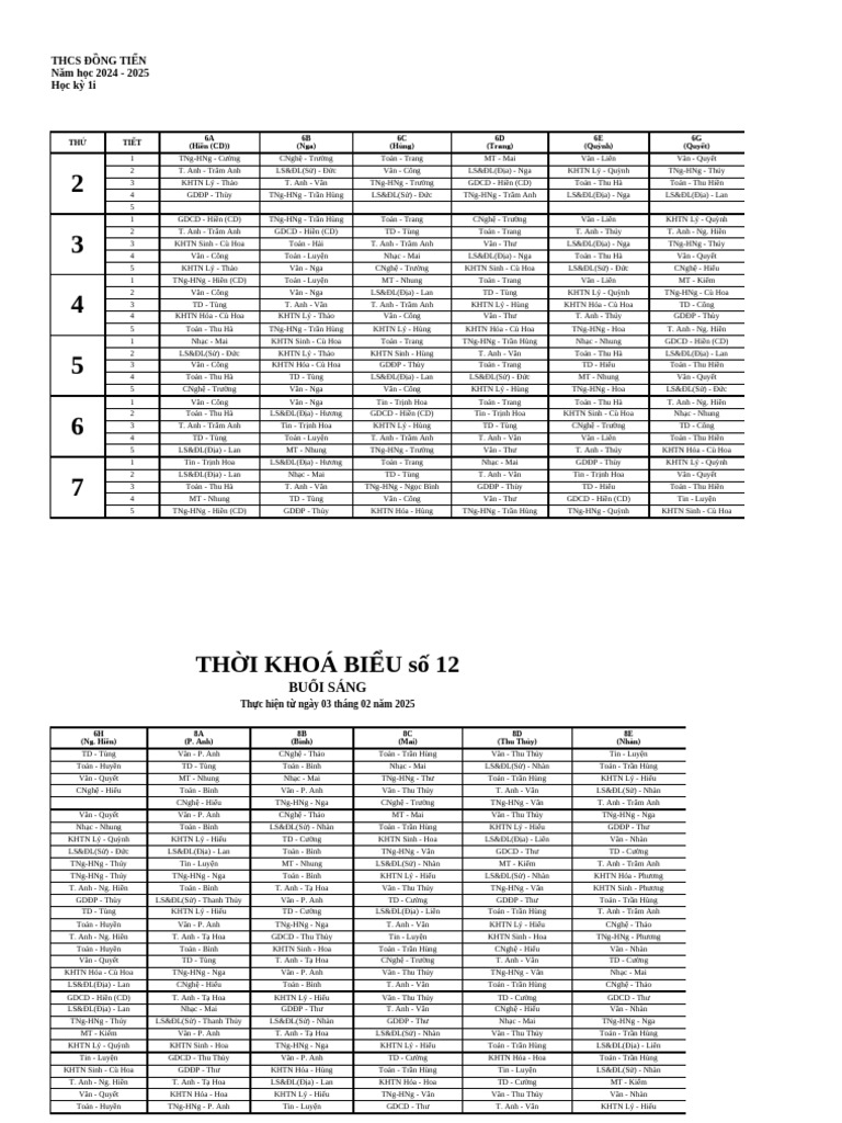 12. TKB LẦN THỨ 12. SÁNG. Từ 3. 2. 25 (1) | PDF