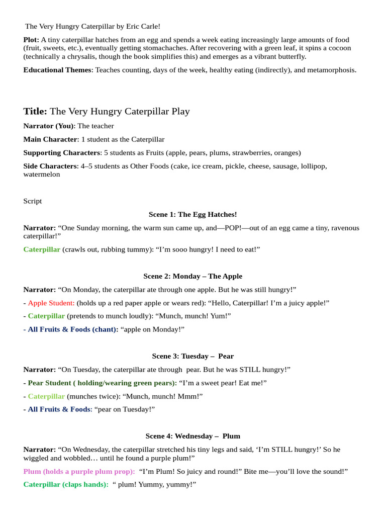 Very Hungry Caterpillar Play Script | PDF