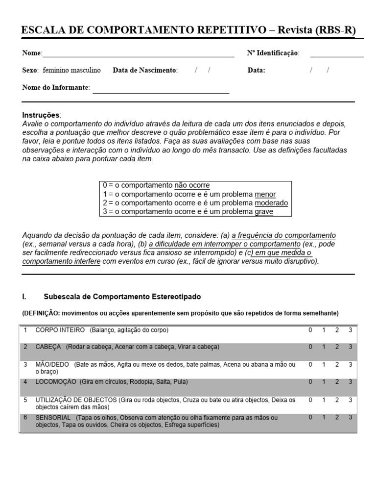 REPETITIVE BEHAVIOR SCALE - Revised (RBS-R) Tradução Portuguesa | PDF