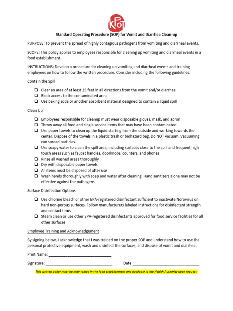 Vomit and Diarrhea Clean-Up SOP | PDF