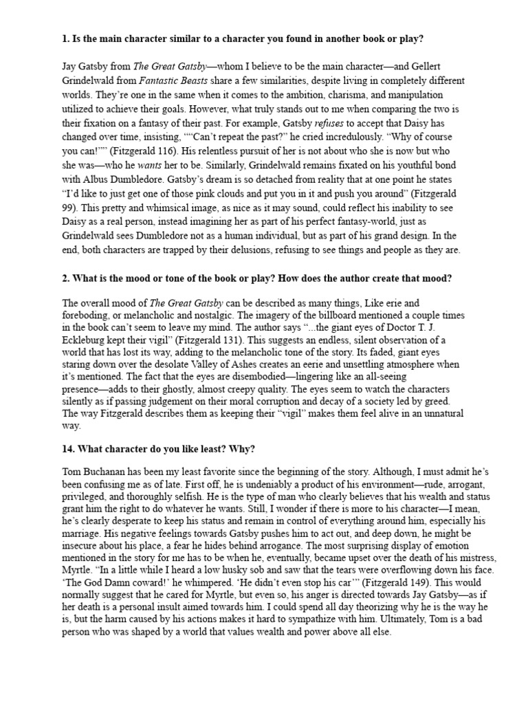 Reader Response Questions | PDF | The Great Gatsby