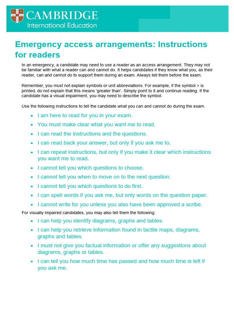 Emergency Access Arrangements - Instructions For Readers | PDF