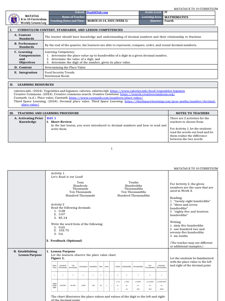 DLL Matatag - Math 4 Q4 W5 | PDF | Curriculum | Learning