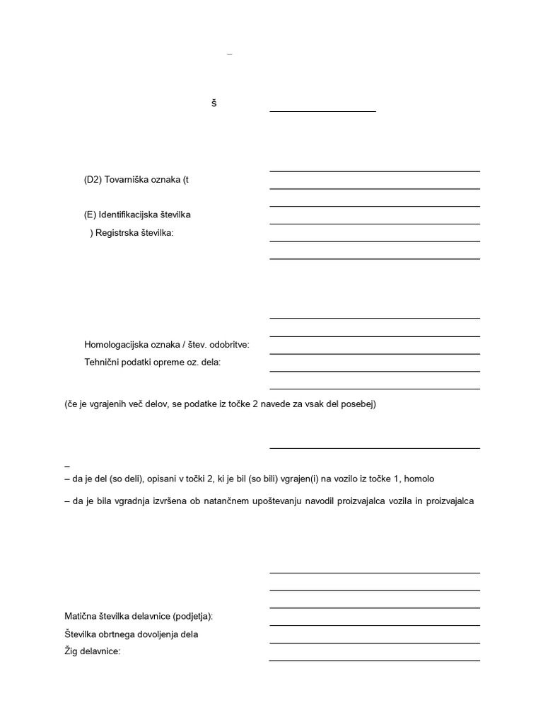 Potrdilo o Vgradnji Odobrenega Dela Na Vozilo | PDF