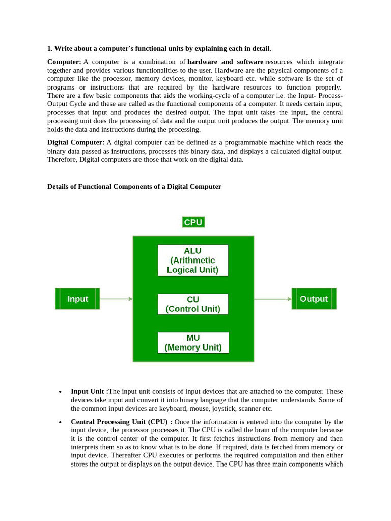 Write About A Computer's Functional Units by Explaining Each in Detail. Computer: Hardware and ...