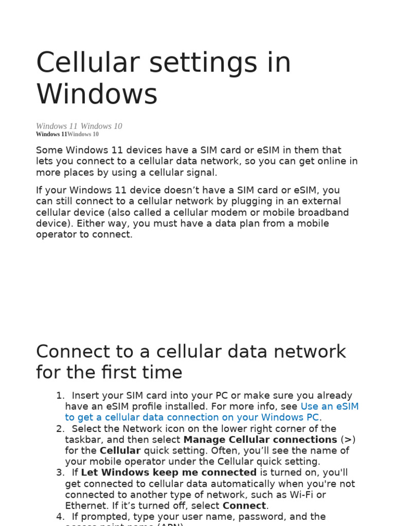 Cellular settings in Windows | PDF | Personal Identification Number ...