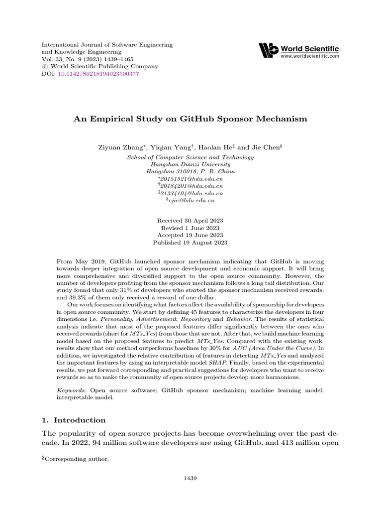 Chen Et Al 2023 An Empirical Study On Github Sponsor Mechanism | PDF | Data | Receiver Operating ...