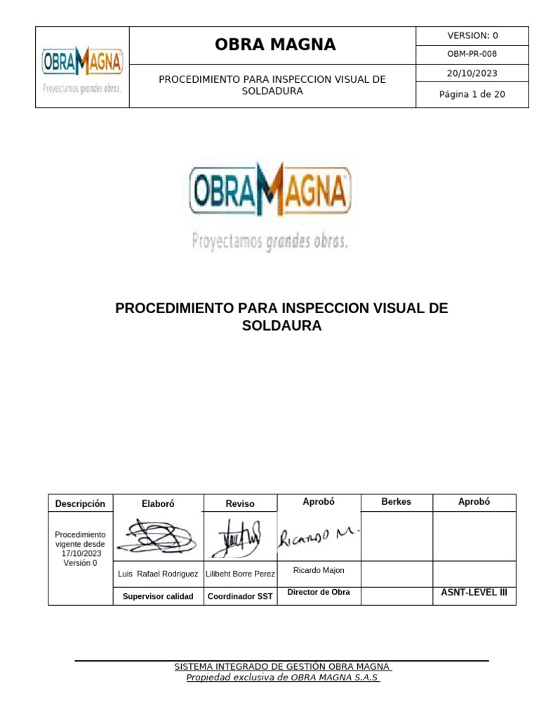 OBM-PR-008 - PROCEDIMIENTO PARA INSPECCION VISUAL | PDF | Soldadura ...