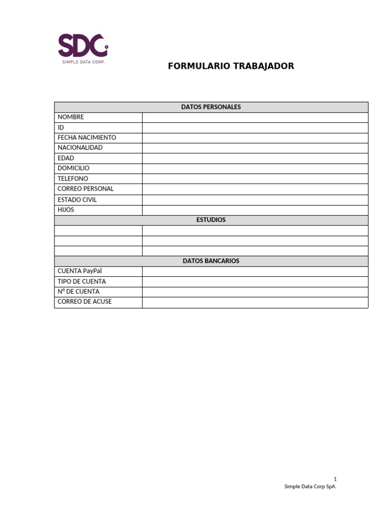 Formulario Trabajador - SDC 01 Ext | PDF