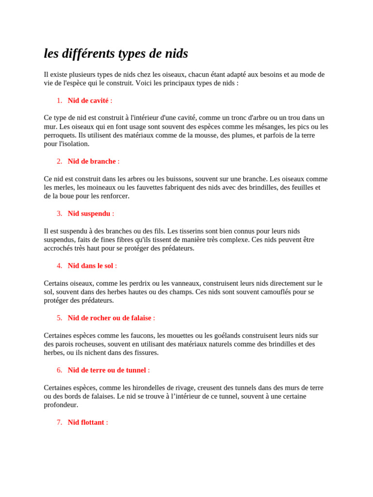 Types de nids d'oiseaux expliqués | PDF | Nid | Zoologie
