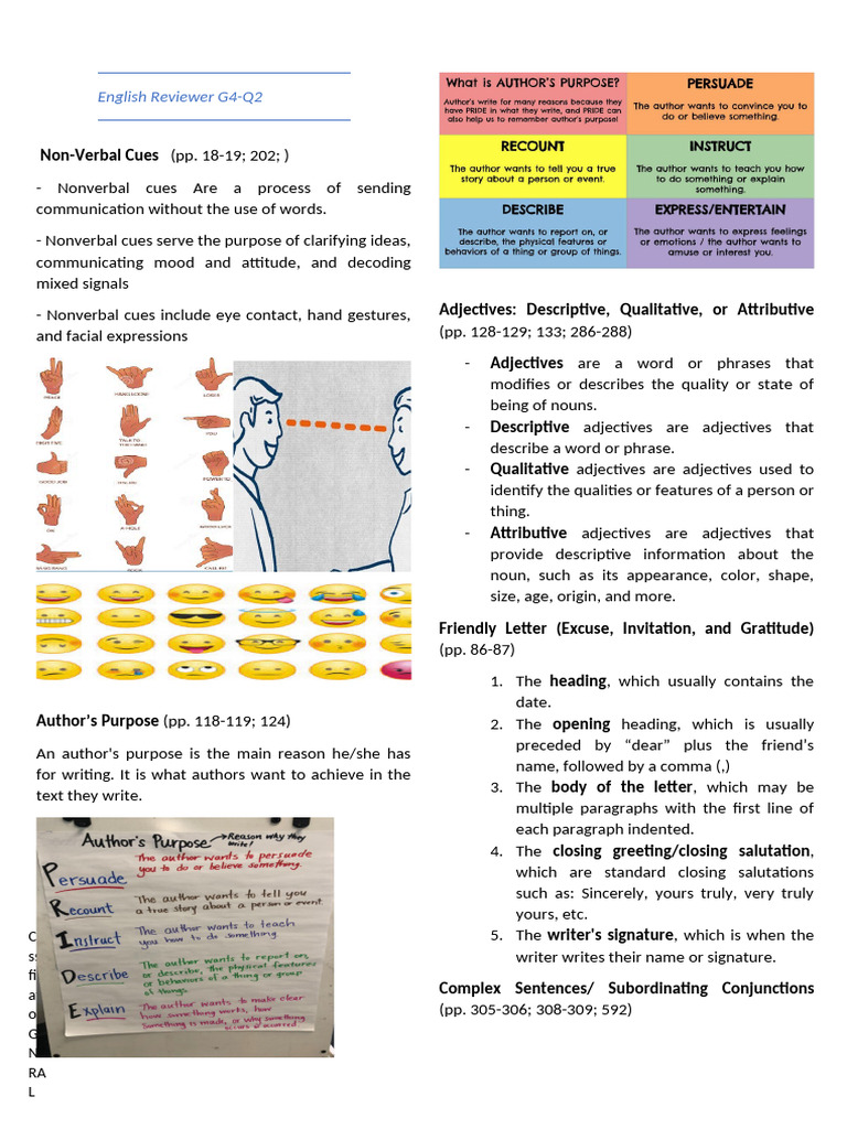 G4 Q2 English Reviewer | PDF | Adjective | Nonverbal Communication