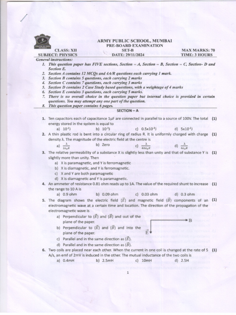 Preboard 1 Physics Question Paper | PDF