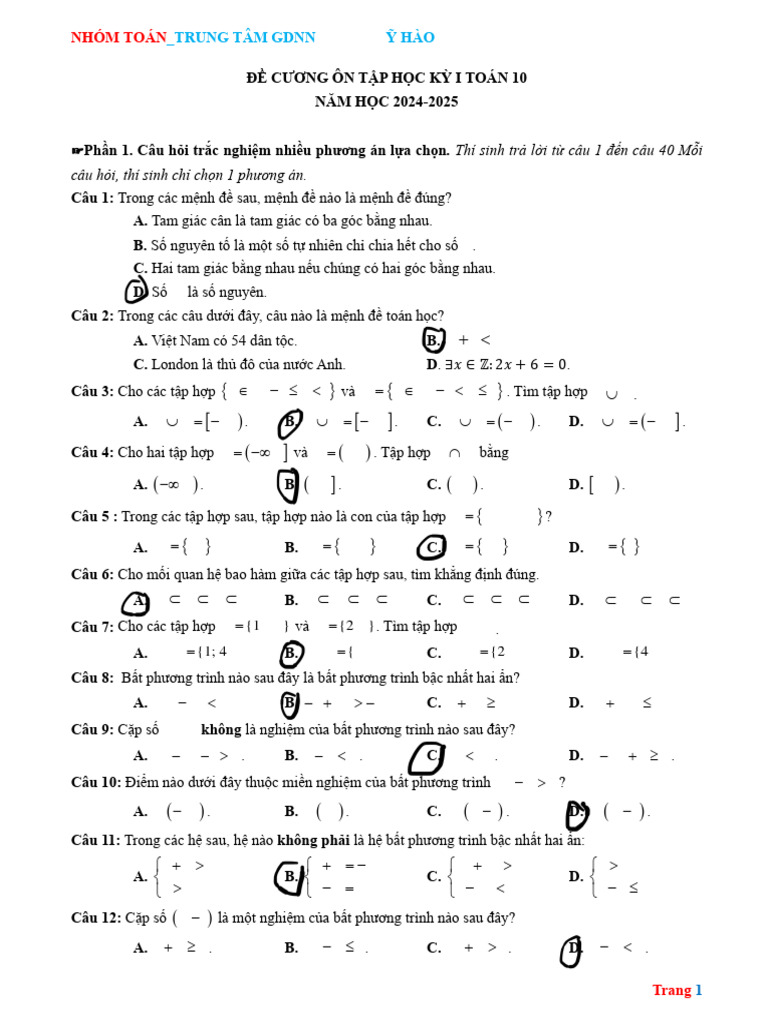 Toán 10 - Đề Cương HK1 | PDF