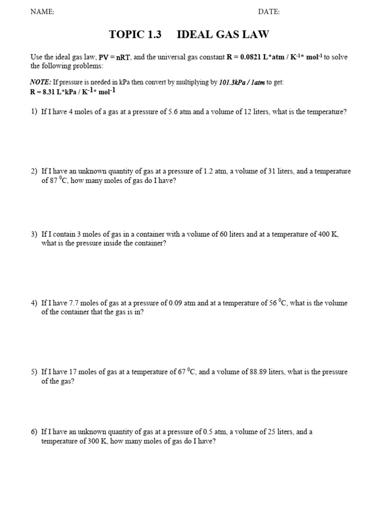 Ideal Gas Law Worksheet | PDF