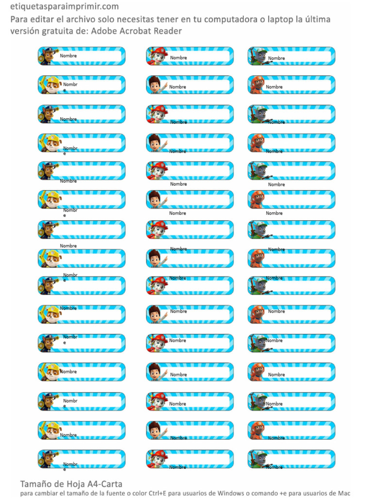 Etiquetas para Lapices Paw Patrol para Imprimir | PDF