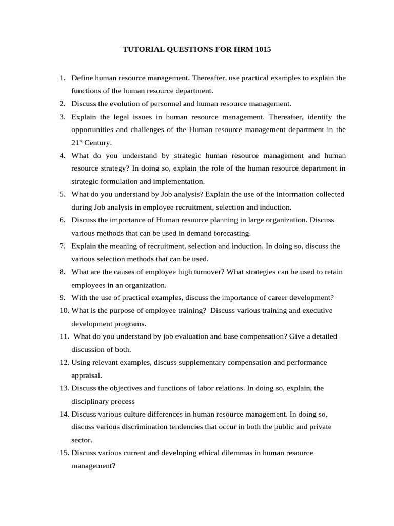 TUTORIAL QUESTIONS FOR HRM 1015 Edited | PDF