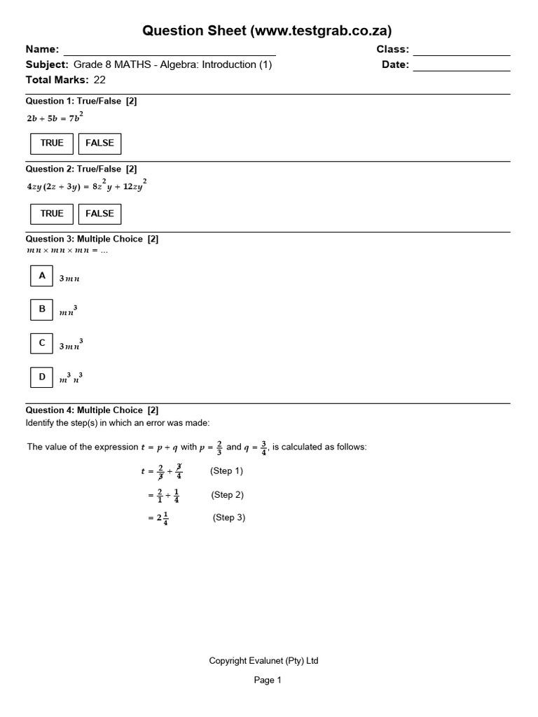 Grade 8 MATHS - Algebra Introduction (1) - Question Sheet (WWW ...