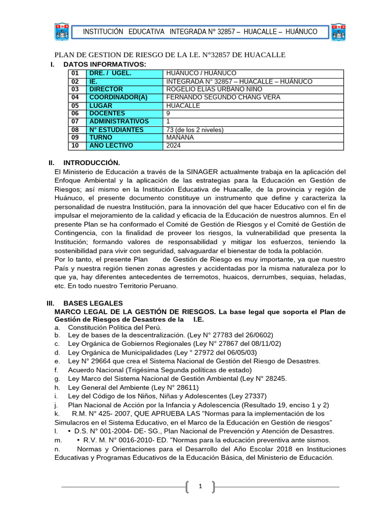 PLAN GEST. RIESGO - 2024 32857 Huacalle | PDF | Riesgo | Valores