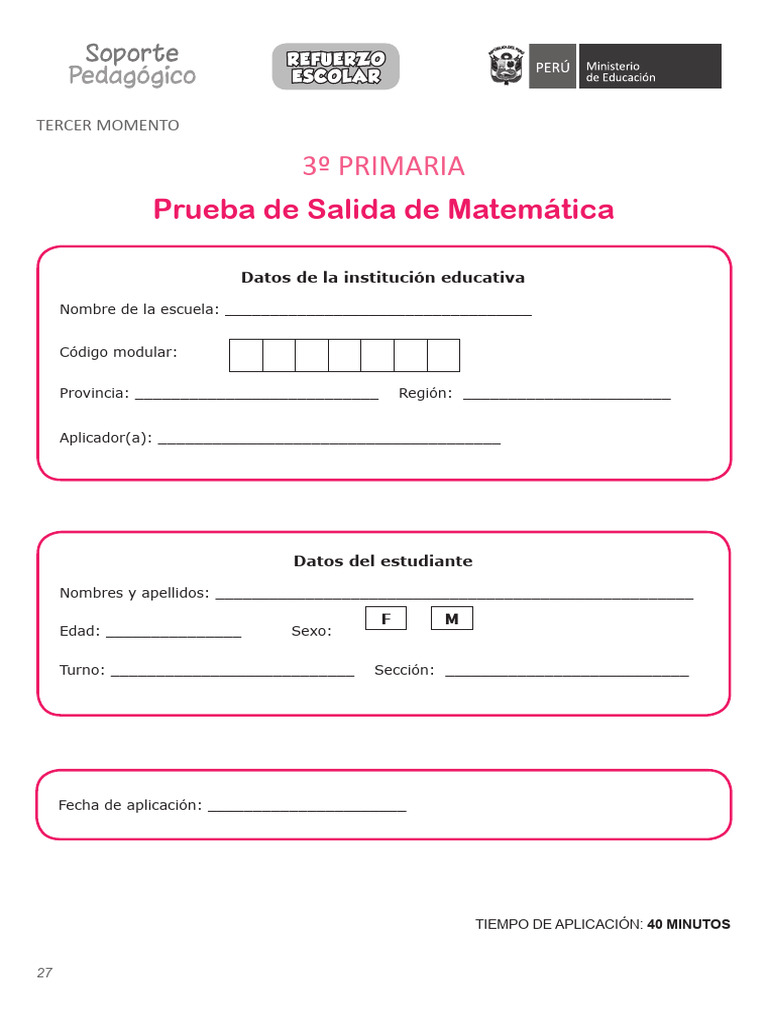 PRUEBA SALIDA MATEMATICA 3er grado | PDF