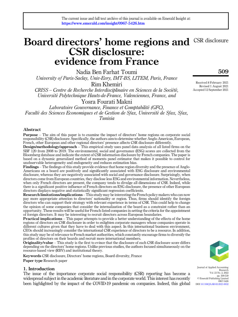 Impact of Directors' Regions on CSR Disclosure | PDF | Corporate Social ...