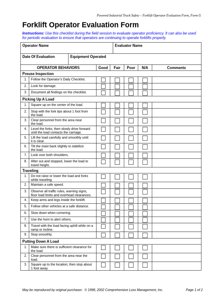 Forklift Operator Evaluation Form | PDF | Forklift | Manufactured Goods
