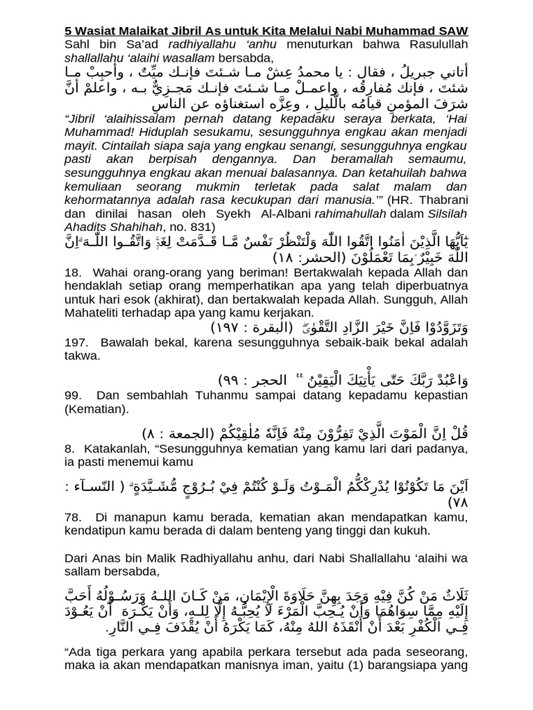 5 Wasiat Malaikat Jibril Untuk Kita Melalui Nabi Muhammad SAW | PDF
