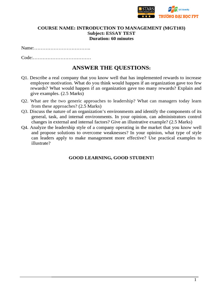 Essay Test - mgt103.Sp25.Khoilq | PDF