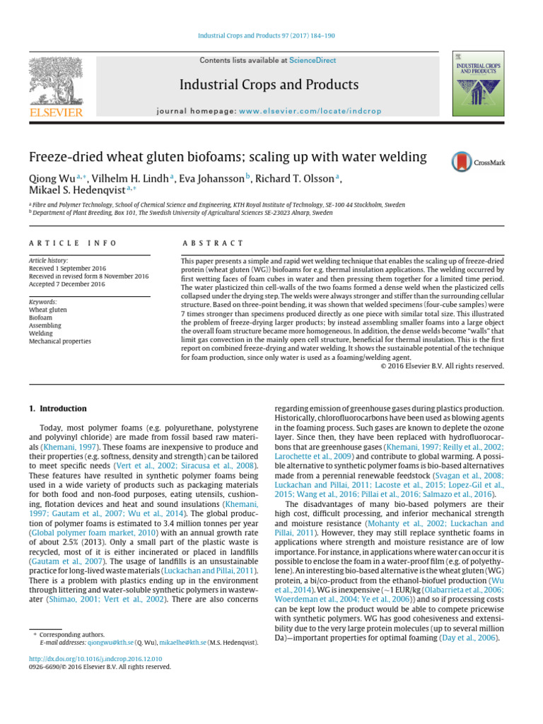 Freeze-Dried Wheat Gluten Biofoams Scaling Up With Water Welding | PDF ...