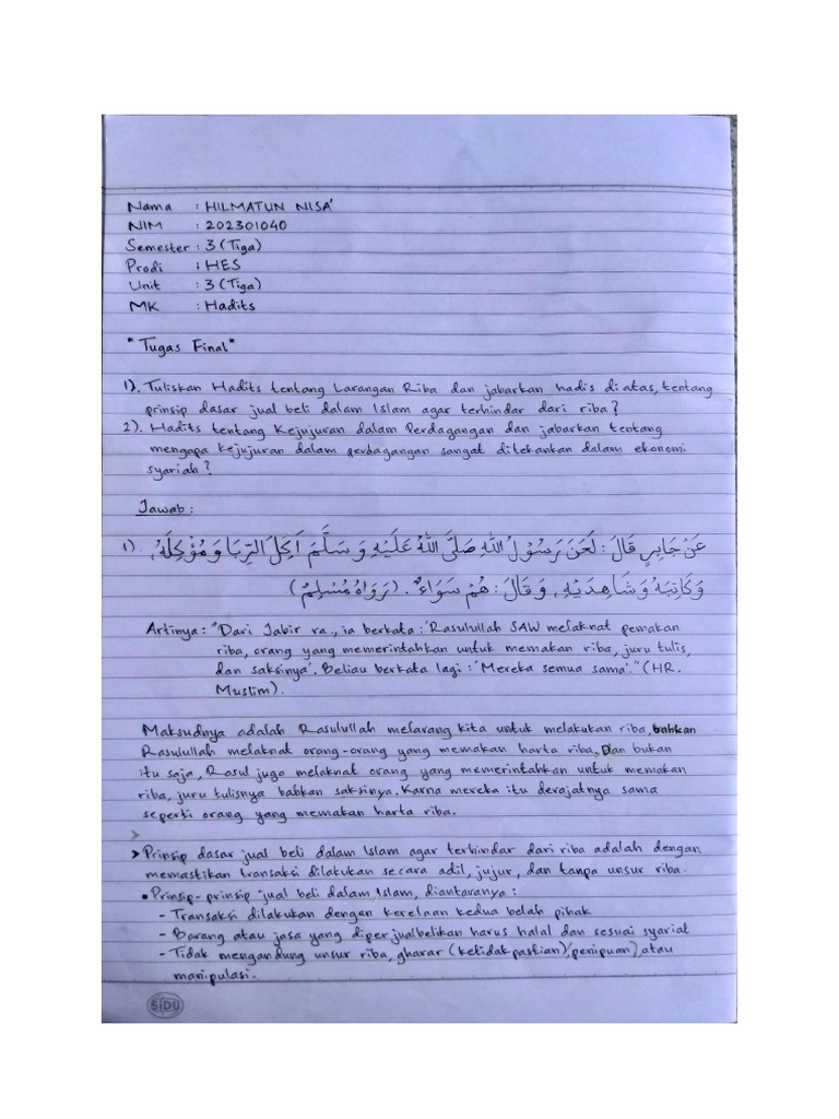 Tugas Final MK Hadits Hilmatun Nisa' | PDF