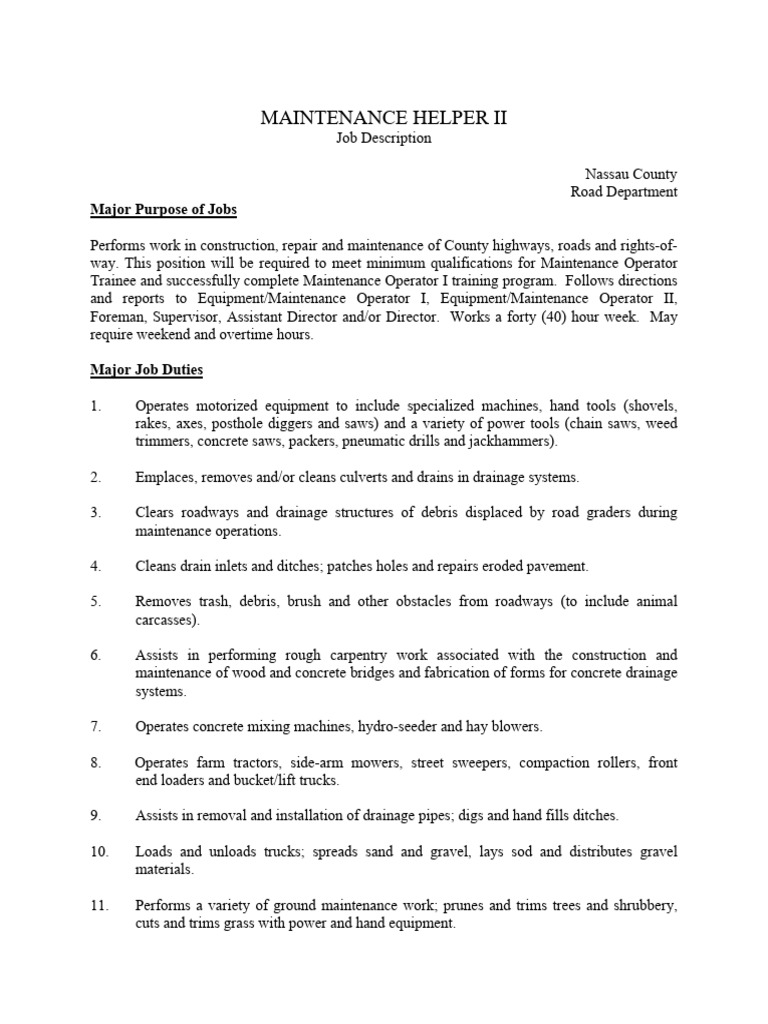Maintenance Helper II 2022.01 | PDF | Road