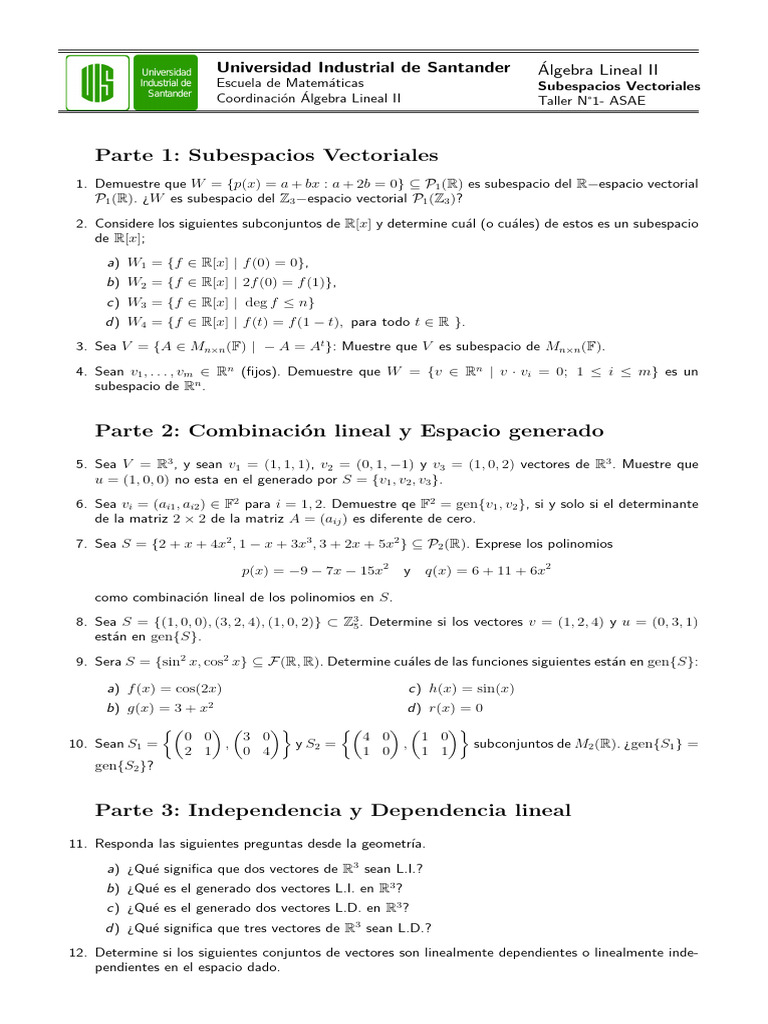 Taller N 2 - Algebra Lineal II (Subespacios - Combinación Lineal y Bases) | PDF | Espacio ...