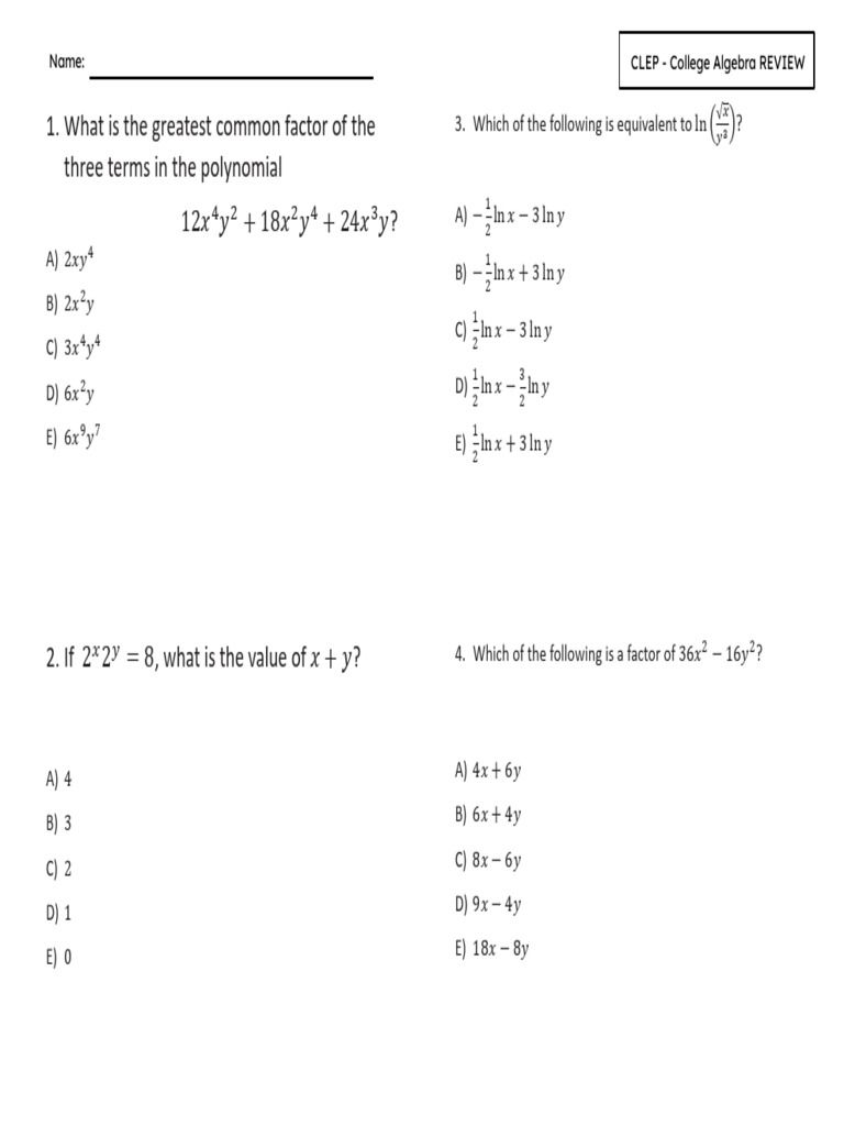 CLEP - College Algebra Review Problems (2024) | PDF | Combinatorics ...
