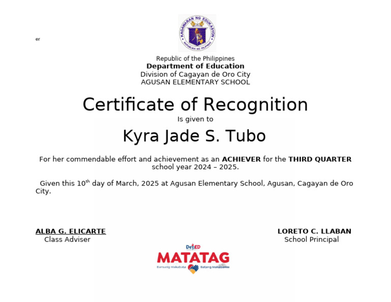 Achiever Certificate - 2024-2025 | PDF