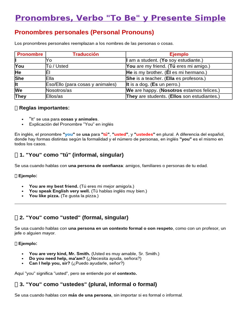 ING Pronombres Tobe Present Simple | PDF | Plural | Verbo