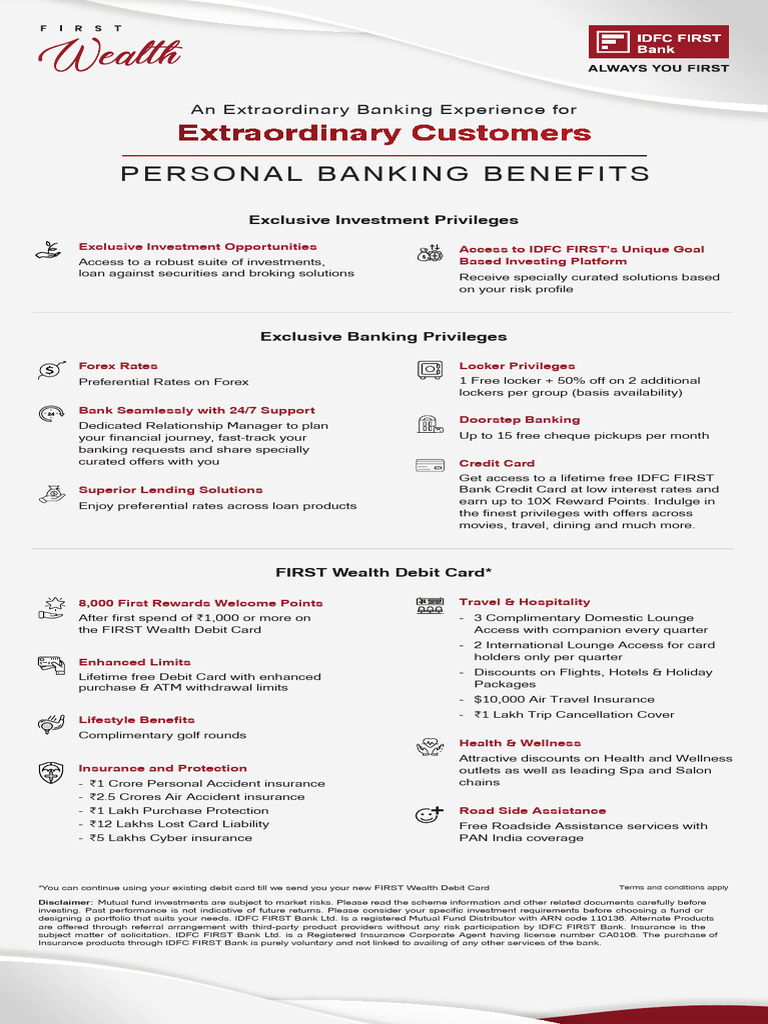 IDFC First Wealth Account Benefits Overview | PDF | Banks | Insurance