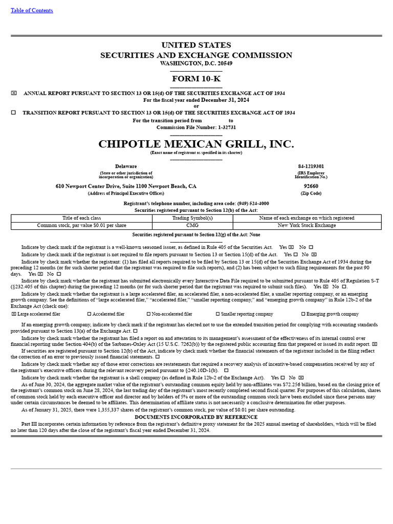 Chipotle 2024 Annual Report 10-K | PDF | Food Safety | Stocks