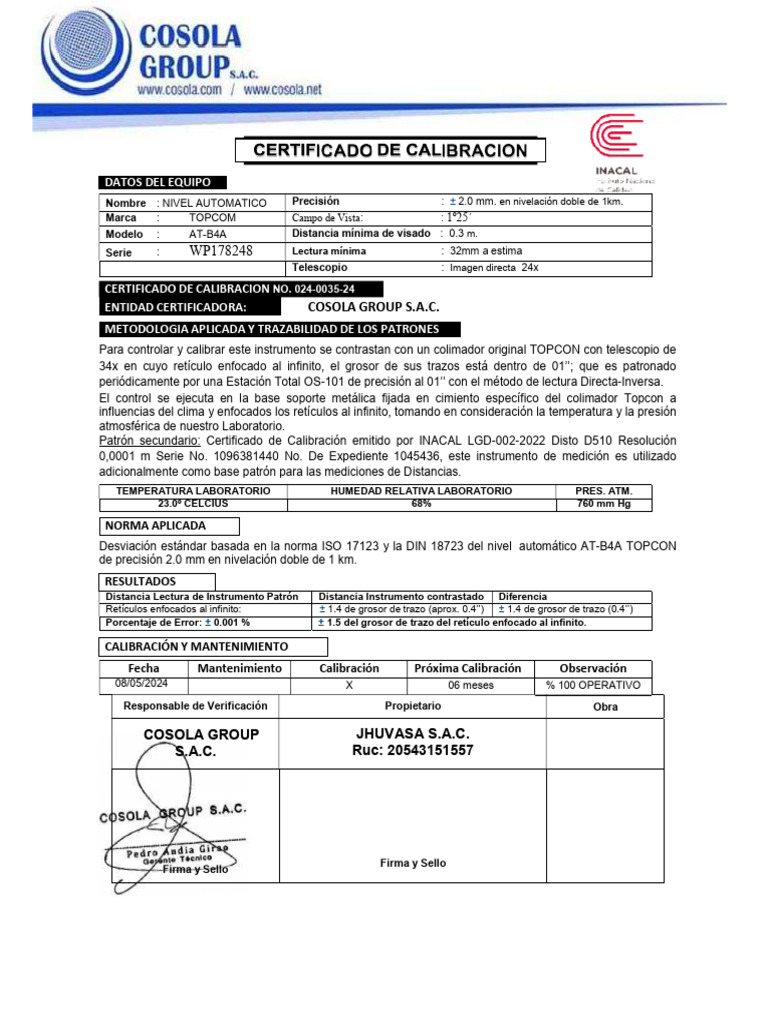 Certificado de Calibracion Nivel | PDF | Calibración | Cantidades fisicas