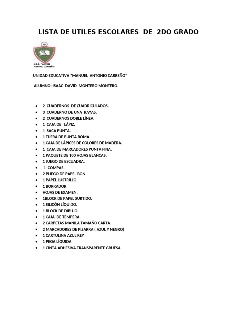 Lista de Utiles Escolares de 2do Grado | PDF