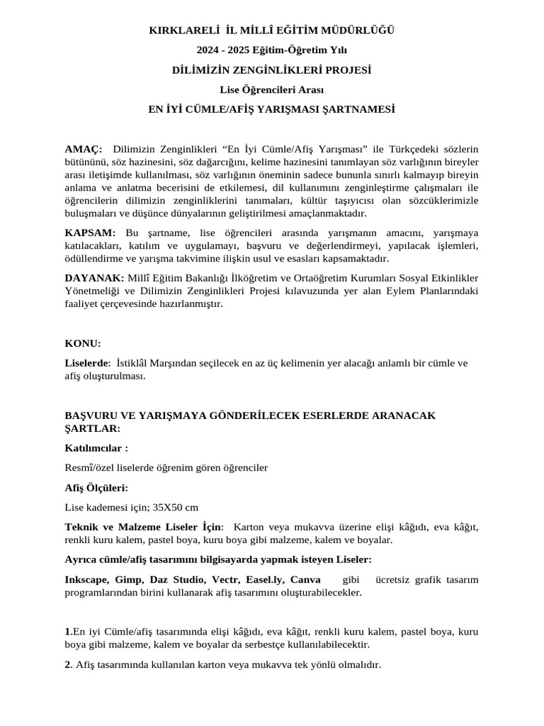 Yarisma Sartnamesi en Iyi Cumle Afis LISELER 2025 MART | PDF