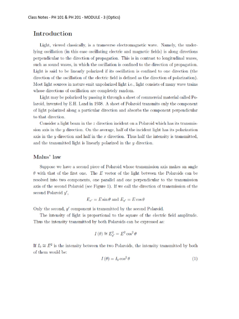 PH 101 & 201 Optics Class Notes | PDF