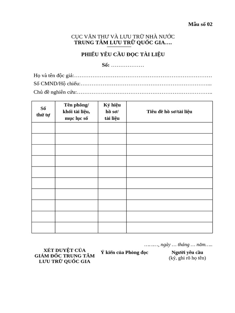 02 Mau Phieu Yeu Cau Doc Tai Lieu (Cap TW) | PDF