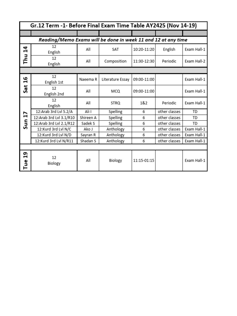 Grade 12 Final Exam Schedule 2023 | PDF