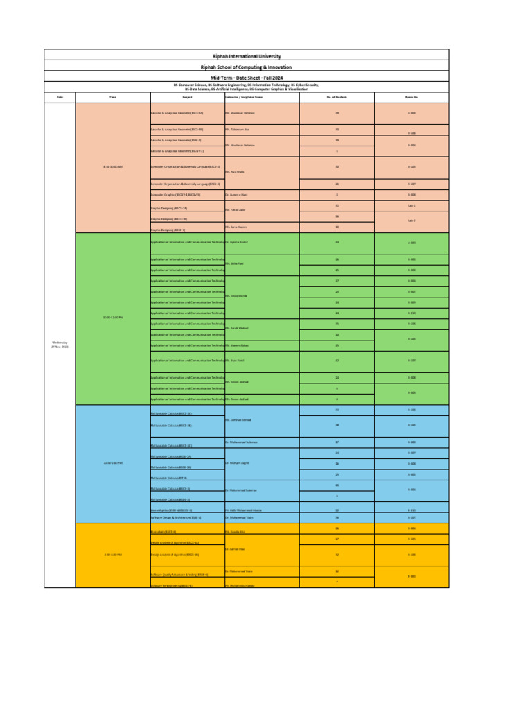 Rsci Mid Term - Date Sheet Fall 24-V0.4 | PDF | Computer Science | Computing