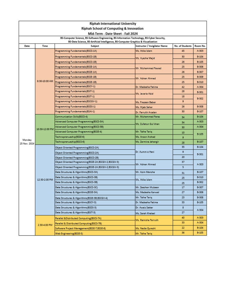Rsci Mid Term- Date Sheet Fall 24 -V0.2 | PDF | Computing | Information Technology