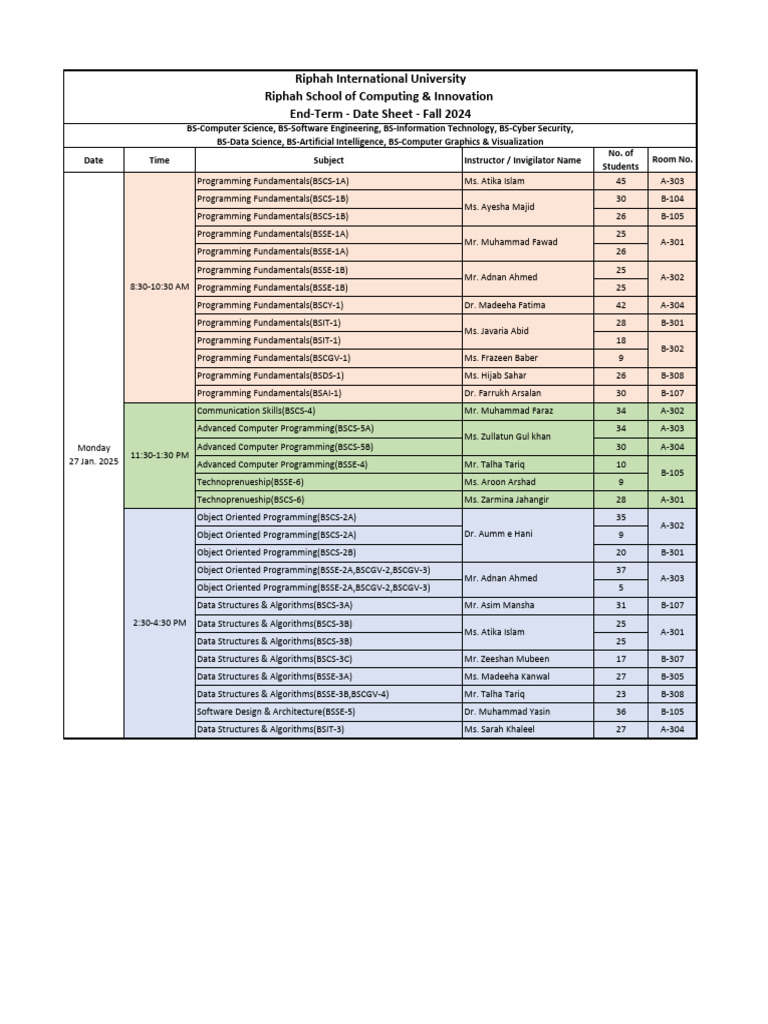 Rsci End Term - Date Sheet Fall 24 v0.4 | PDF | Computing | Computer Science