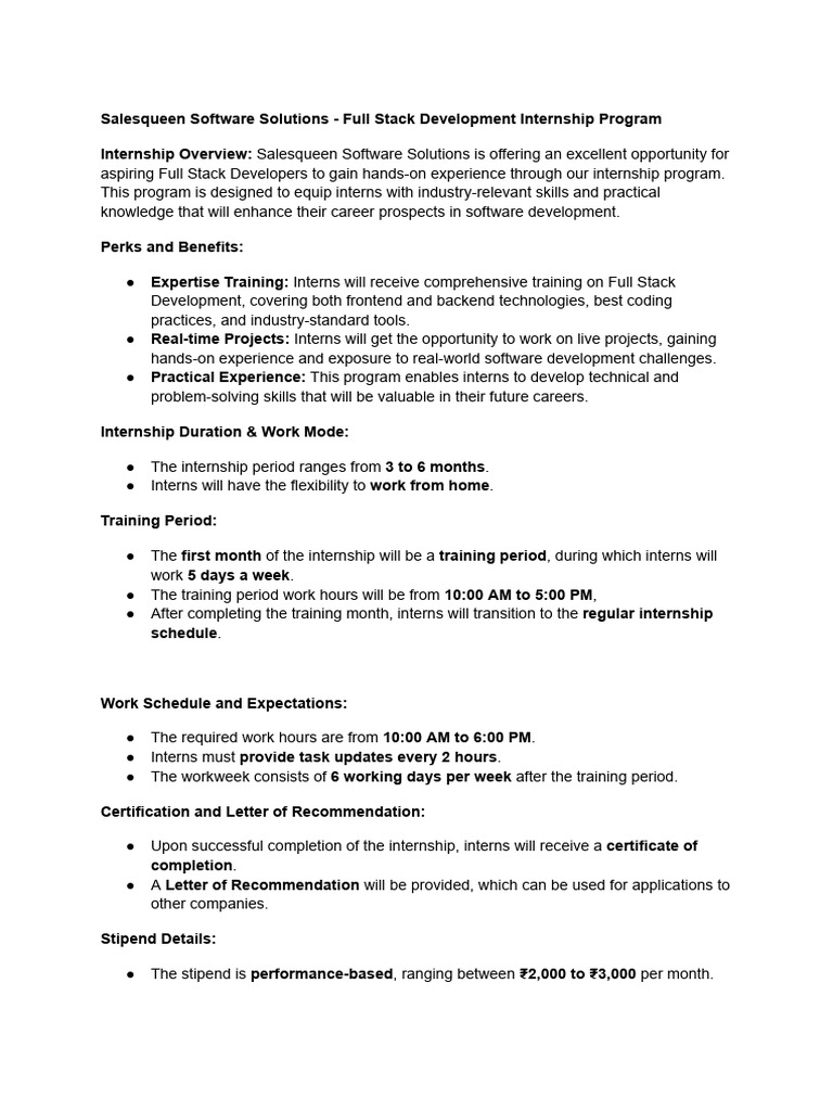 Full Stack Development Internship at Salesqueen | PDF | Internship ...