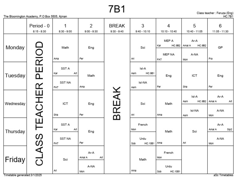 Class Timetable Secondary-11 | PDF