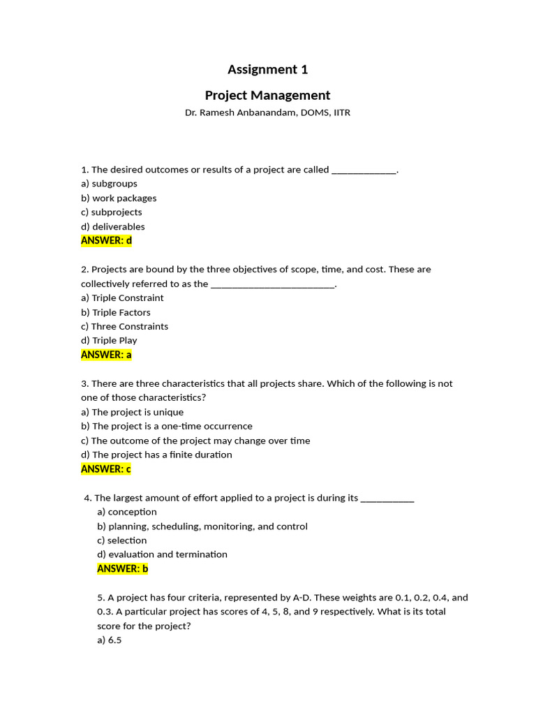 Assignment 1 Project Management: Answer: D | PDF